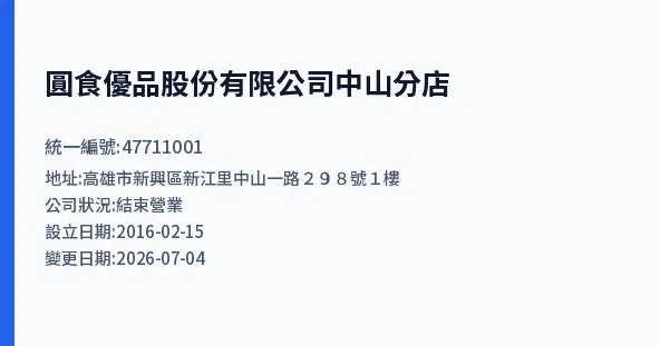 圓食優品股份有限公司中山分店的照片-統編 47711001(高雄市) 公司登記資料與營業項目詳細圖表