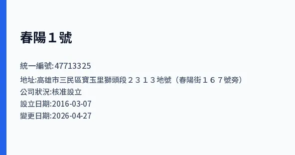春陽1號的照片-統編 47713325(高雄市) 公司登記資料與營業項目詳細圖表