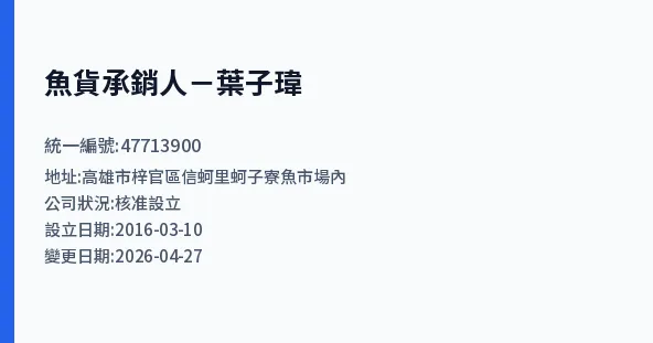 魚貨承銷人-葉子瑋的照片-統編 47713900(高雄市) 公司登記資料與營業項目詳細圖表