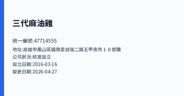 三代麻油雞的照片-統編 47714555(高雄市) 公司登記資料與營業項目詳細圖表