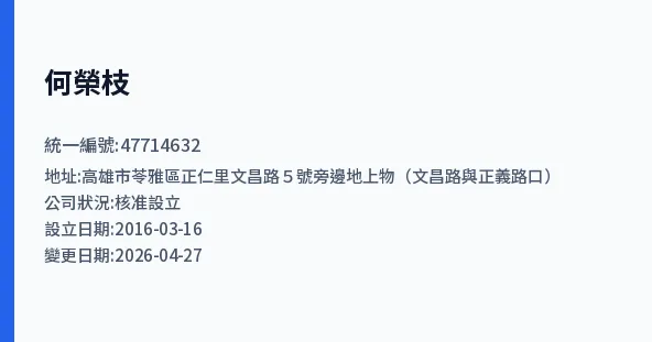 何榮枝的照片-統編 47714632(高雄市) 公司登記資料與營業項目詳細圖表