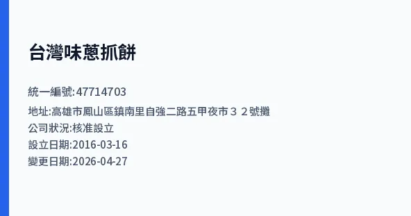 台灣味蔥抓餅的照片-統編 47714703(高雄市) 公司登記資料與營業項目詳細圖表
