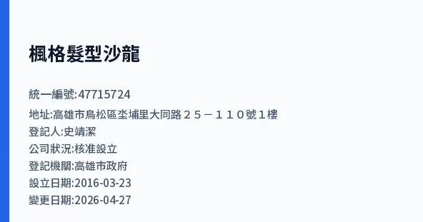 楓格髮型沙龍的照片-統編 47715724(高雄市) 公司登記資料與營業項目詳細圖表