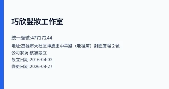 巧欣髮妝工作室的照片-統編 47717244(高雄市) 公司登記資料與營業項目詳細圖表