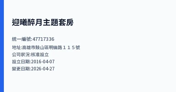 迎曦醉月主題套房的照片-統編 47717336(高雄市) 公司登記資料與營業項目詳細圖表