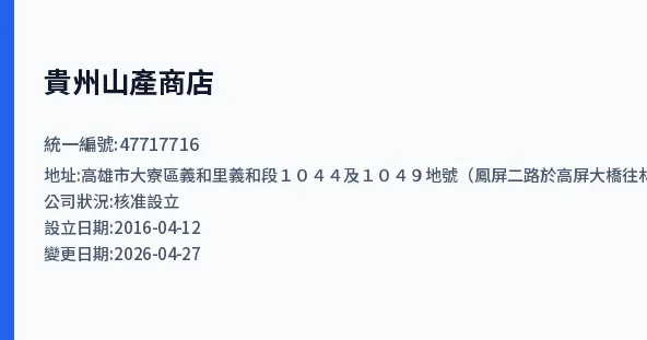 貴州山產商店的照片-統編 47717716(高雄市) 公司登記資料與營業項目詳細圖表