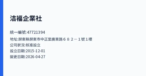 洁福企業社的照片-統編 47721394(屏東縣) 公司登記資料與營業項目詳細圖表