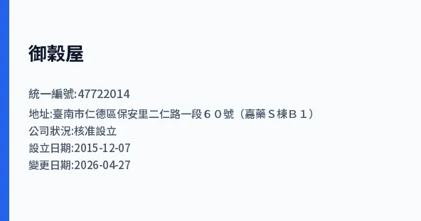 御穀屋的照片-統編 47722014(臺南市) 公司登記資料與營業項目詳細圖表