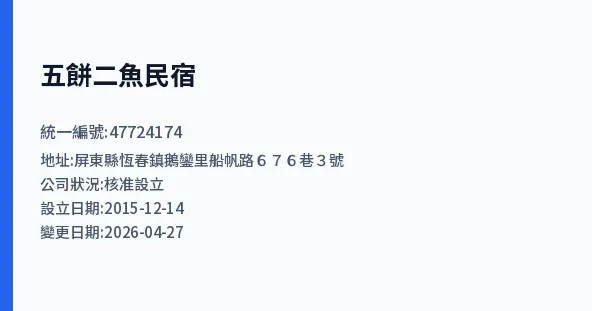 五餅二魚民宿的照片-統編 47724174(屏東縣) 公司登記資料與營業項目詳細圖表