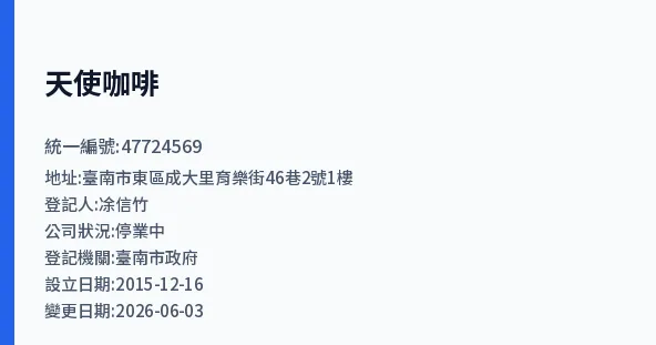 天使咖啡的照片-統編 47724569(臺南市) 公司登記資料與營業項目詳細圖表
