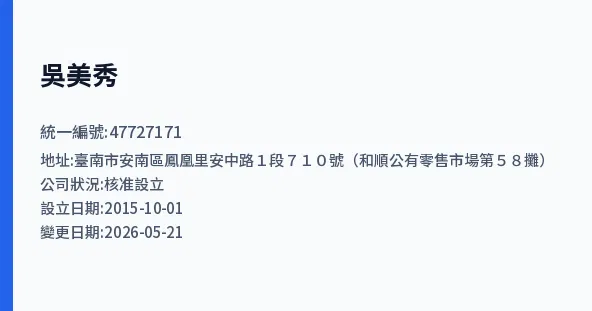 吳美秀的照片-統編 47727171(臺南市) 公司登記資料與營業項目詳細圖表
