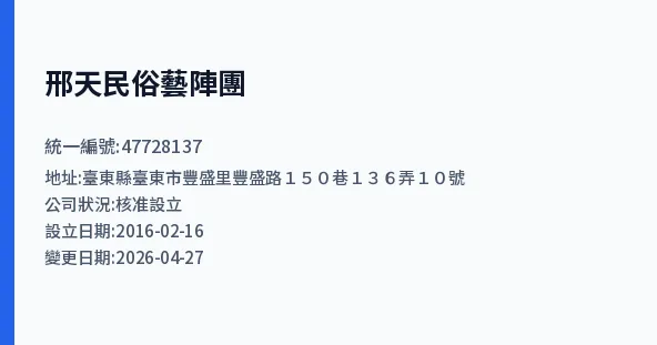 邢天民俗藝陣團的照片-統編 47728137(臺東縣) 公司登記資料與營業項目詳細圖表