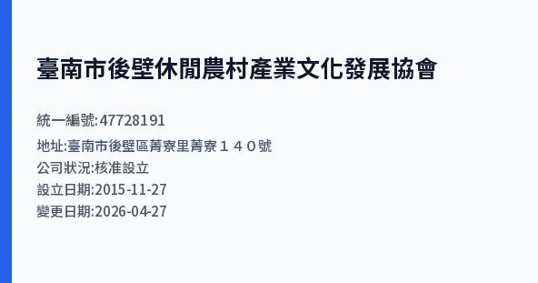 臺南市後壁休閒農村產業文化發展協會的照片-統編 47728191(臺南市) 公司登記資料與營業項目詳細圖表