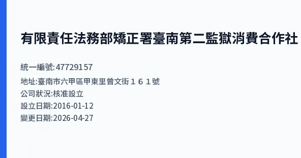 有限責任法務部矯正署臺南第二監獄消費合作社的照片-統編 47729157(臺南市) 公司登記資料與營業項目詳細圖表
