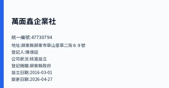 萬面鑫企業社的照片-統編 47730794(屏東縣) 公司登記資料與營業項目詳細圖表