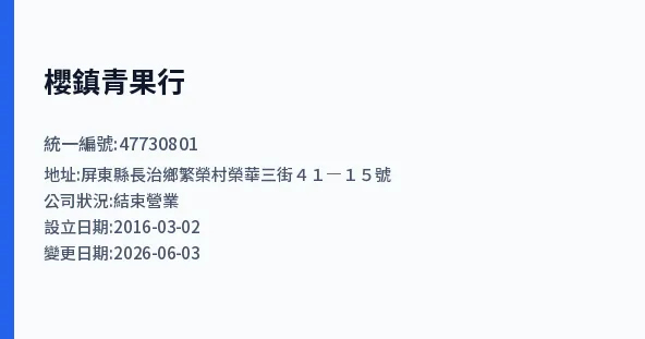 櫻鎮青果行的照片-統編 47730801(屏東縣) 公司登記資料與營業項目詳細圖表