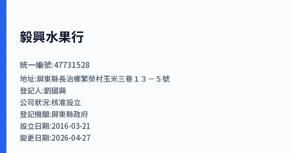 毅興水果行的照片-統編 47731528(屏東縣) 公司登記資料與營業項目詳細圖表
