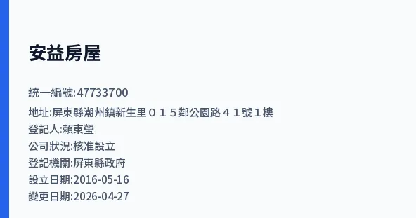 安益房屋的照片-統編 47733700(屏東縣) 公司登記資料與營業項目詳細圖表