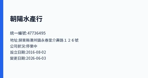 朝陽水產行的照片-統編 47736495(屏東縣) 公司登記資料與營業項目詳細圖表