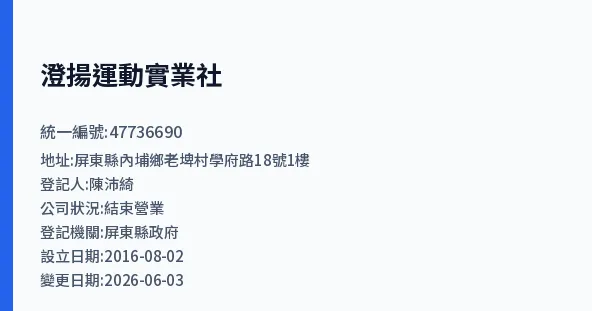 澄揚運動實業社的照片-統編 47736690(屏東縣) 公司登記資料與營業項目詳細圖表