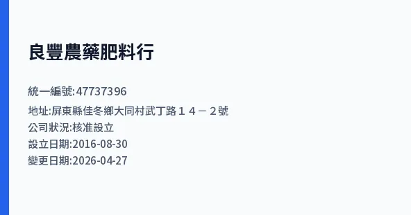 良豐農藥肥料行的照片-統編 47737396(屏東縣) 公司登記資料與營業項目詳細圖表
