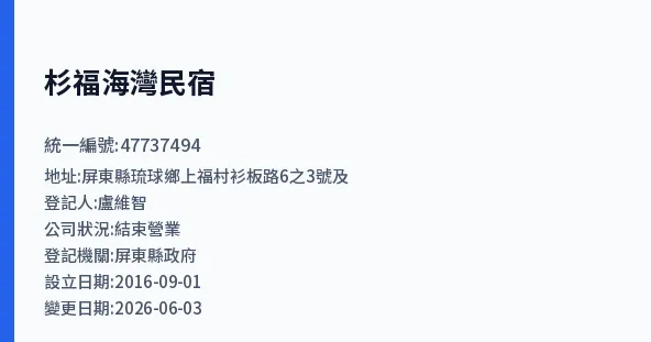 杉福海灣民宿的照片-統編 47737494(屏東縣) 公司登記資料與營業項目詳細圖表