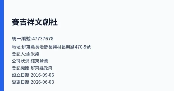 賽吉祥文創社的照片-統編 47737678(屏東縣) 公司登記資料與營業項目詳細圖表