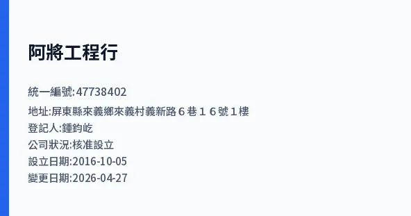 阿將工程行的照片-統編 47738402(屏東縣) 公司登記資料與營業項目詳細圖表