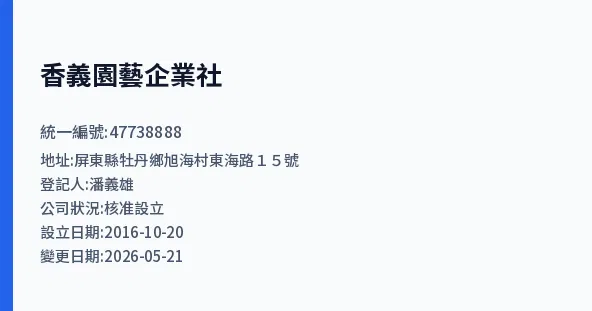 香義園藝企業社的照片-統編 47738888(屏東縣) 公司登記資料與營業項目詳細圖表