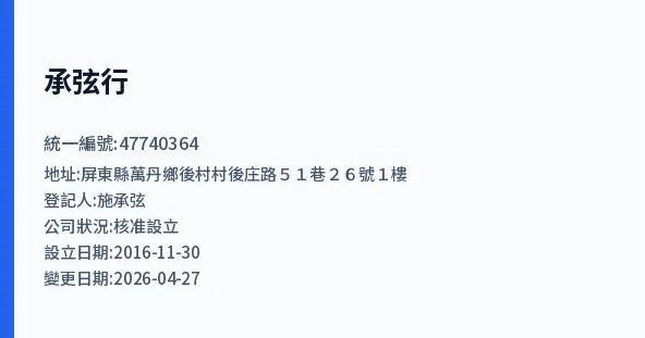 承弦行的照片-統編 47740364(屏東縣) 公司登記資料與營業項目詳細圖表