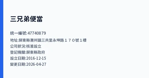 三兄弟便當的照片-統編 47740879(屏東縣) 公司登記資料與營業項目詳細圖表