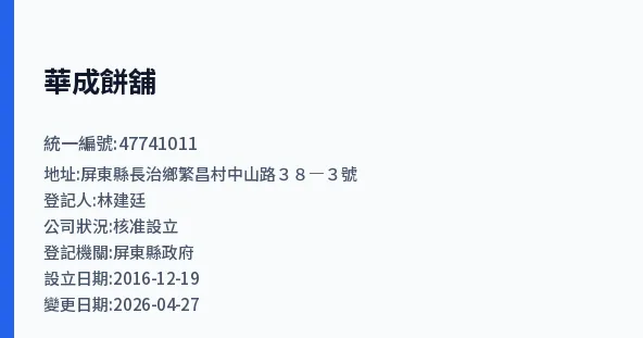 華成餅舖的照片-統編 47741011(屏東縣) 公司登記資料與營業項目詳細圖表
