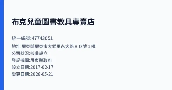 布克兒童圖書教具專賣店的照片-統編 47743051(屏東縣) 公司登記資料與營業項目詳細圖表