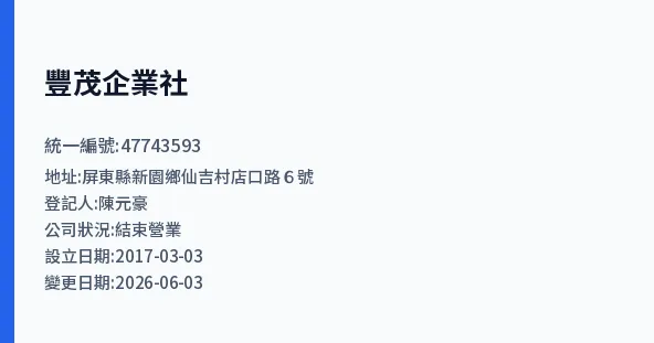 豐茂企業社的照片-統編 47743593(屏東縣) 公司登記資料與營業項目詳細圖表