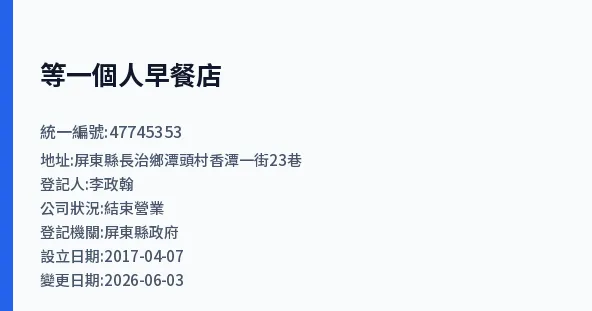 等一個人早餐店的照片-統編 47745353(屏東縣) 公司登記資料與營業項目詳細圖表
