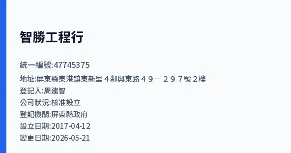 智勝工程行的照片-統編 47745375(屏東縣) 公司登記資料與營業項目詳細圖表