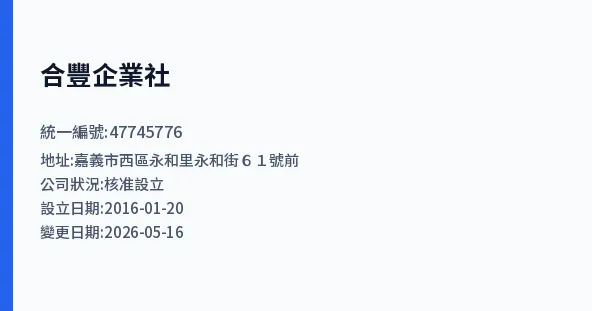 合豐企業社的照片-統編 47745776(嘉義市) 公司登記資料與營業項目詳細圖表