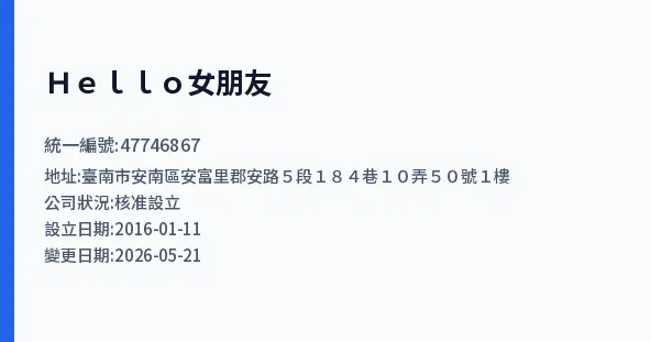Hello女朋友的照片-統編 47746867(臺南市) 公司登記資料與營業項目詳細圖表