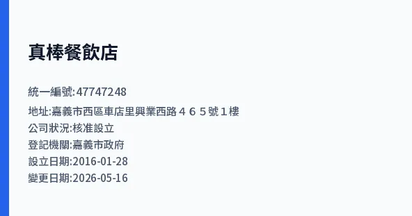 真棒餐飲店的照片-統編 47747248(嘉義市) 公司登記資料與營業項目詳細圖表