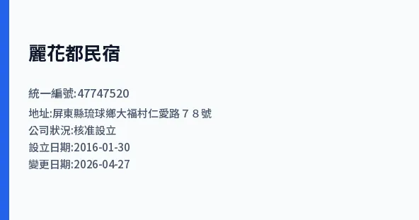 麗花都民宿的照片-統編 47747520(屏東縣) 公司登記資料與營業項目詳細圖表