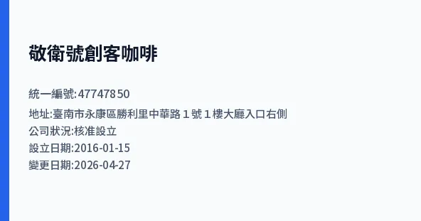 敬衛號創客咖啡的照片-統編 47747850(臺南市) 公司登記資料與營業項目詳細圖表