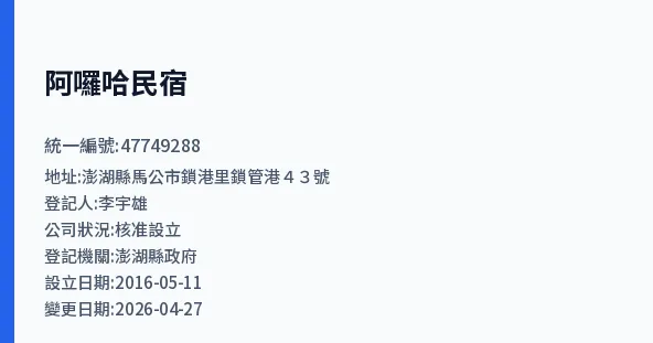 阿囉哈民宿的照片-統編 47749288(澎湖縣) 公司登記資料與營業項目詳細圖表