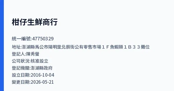柑仔生鮮商行的照片-統編 47750329(澎湖縣) 公司登記資料與營業項目詳細圖表