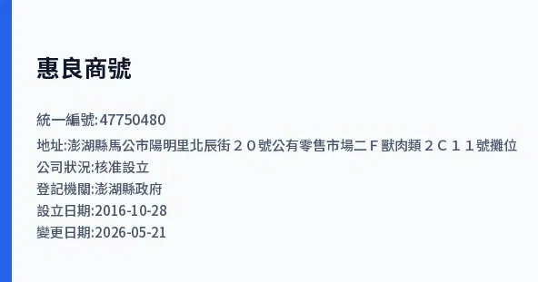 惠良商號的照片-統編 47750480(澎湖縣) 公司登記資料與營業項目詳細圖表