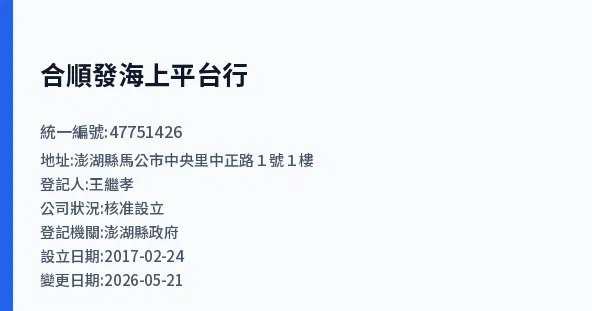 合順發海上平台行的照片-統編 47751426(澎湖縣) 公司登記資料與營業項目詳細圖表