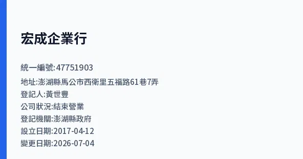 宏成企業行的照片-統編 47751903(澎湖縣) 公司登記資料與營業項目詳細圖表