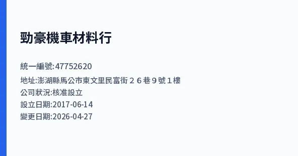 勁豪機車材料行的照片-統編 47752620(澎湖縣) 公司登記資料與營業項目詳細圖表