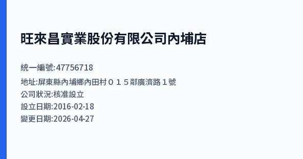 旺來昌實業股份有限公司內埔店的照片-統編 47756718(屏東縣) 公司登記資料與營業項目詳細圖表