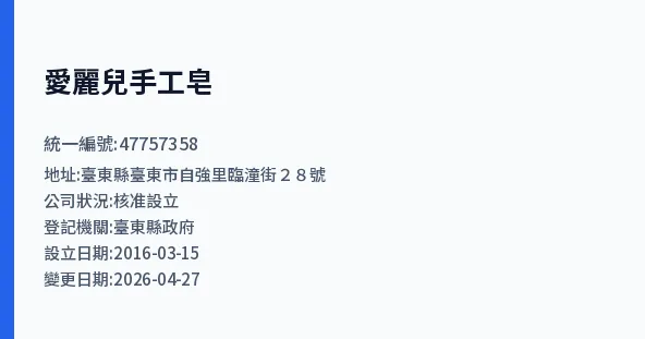 愛麗兒手工皂的照片-統編 47757358(臺東縣) 公司登記資料與營業項目詳細圖表