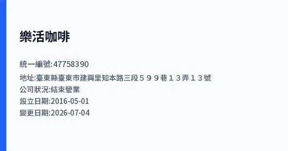 樂活咖啡的照片-統編 47758390(臺東縣) 公司登記資料與營業項目詳細圖表